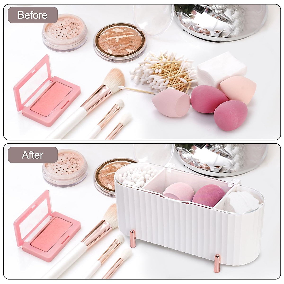 ZOOFOX 2 Pack Qtip Holder Dispenser, Cotton Pads Holder with Clear Lid, Adjustable 3-Grid Bathroom Canisters for Cotton Ball, Swab, Round Pads, Floss, Perfume, Lipstick