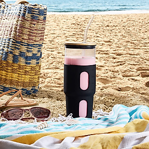 32oz Glass Tumbler with Straw & Bamboo Lid with Silicone Sleeve, Reusable Boba Smoothie Cup Iced Coffee Tumbler, Fits Cup Holder, Glass Water Bottle, BPA Free, Beer Mug & Stein Black