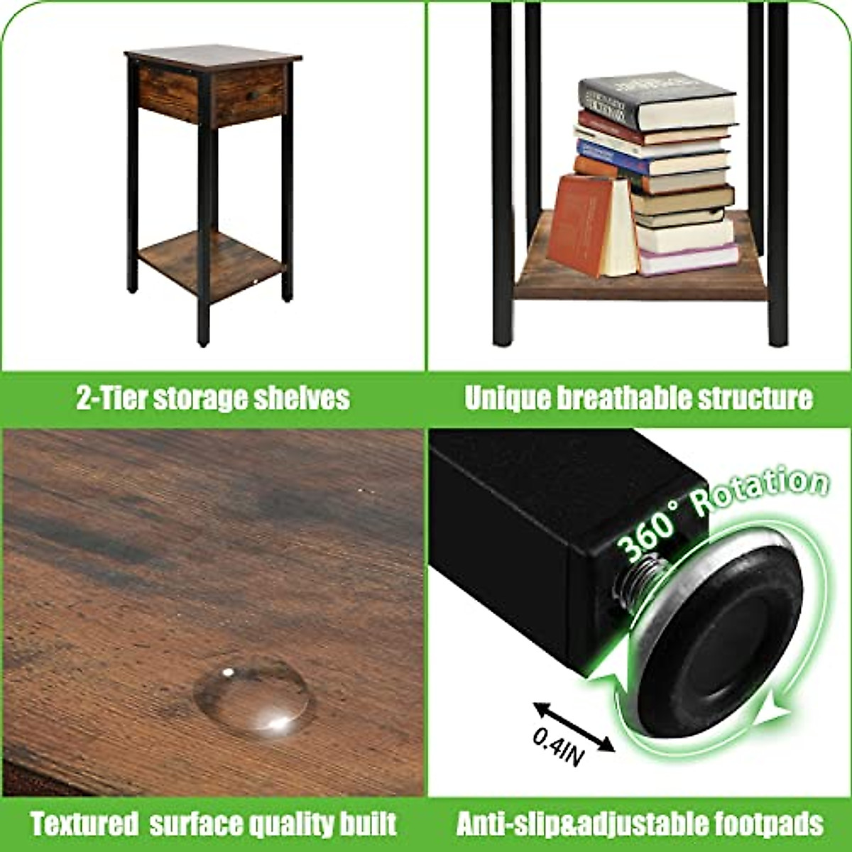 ECOMEX 2-Tier Nightstand Side Table with Wooden Drawer and Open Wooden Shelf Solid Metal Legs Rustic Brown Industrial Wooden Bed Side Table for Bedroom Living Room Small Space, Tall