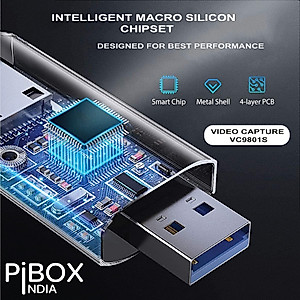PiBOX India, Video Capture Card, 4K HDMI to USB 3.0 Game Capture Device Aluminium Windows Android Mac,HD 1080P Audio Video Card Live Streaming Gaming Conference, or Live Broadcasting