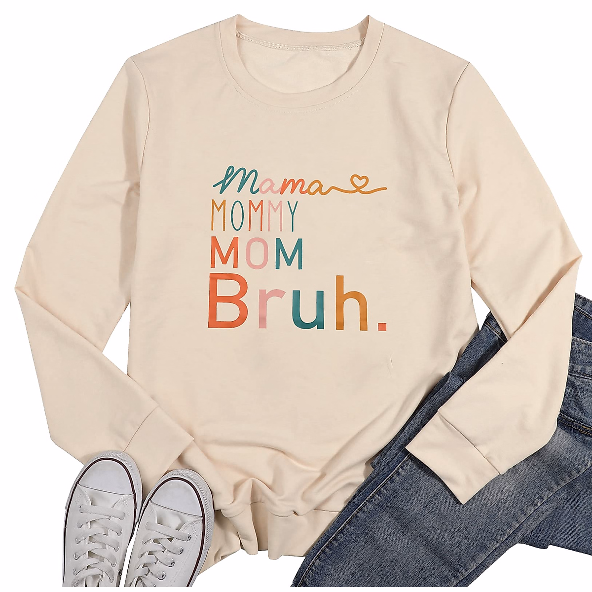 BLANCHES Mama Sweatshirt Women Mama Mommy Mom Bruh Funny Mom Life Sweatshirts Pullover Tops Casual Loose Long Sleeve Shirt Apricot
