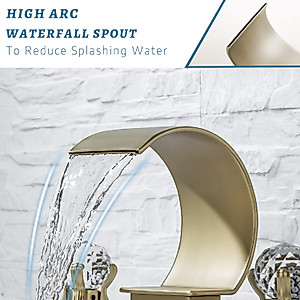 BANGPU Bathroom Sink Faucet 3 Hole Widespread Waterfall Bathroom Faucets with Crystals Handles Basin Mixer Tap 8-Inch High Arc Vanity Faucet with Supply Hose, Brushed Gold