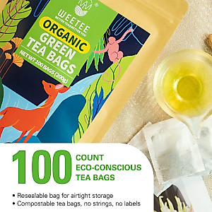 WT WEETEE Organic Green Tea Bags, USDA Organic Pure Green Tea 100 Count, Super Antioxidant | Resealable Kraft Bag | Brew Hot or Iced