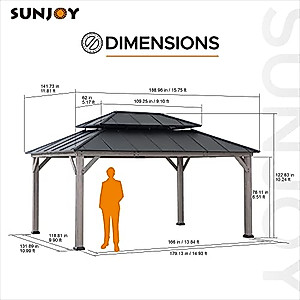 Sunjoy 12 x 16 ft. Wood Gazebo, Outdoor Patio Steel Hardtop Gazebo, Cedar Framed Wooden Gazebo with 2-Tier Metal Roof, Suitable for Patios, Lawn and Backyard, Matte Black Roof + Gray Wood Frame