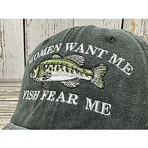 Enodtter Women Want Me Fish Fear Me Hat Trout, Fishing Gifts, Embroidered Army Green Baseball Cap for Men, Adjustable Cotton Dad Hat