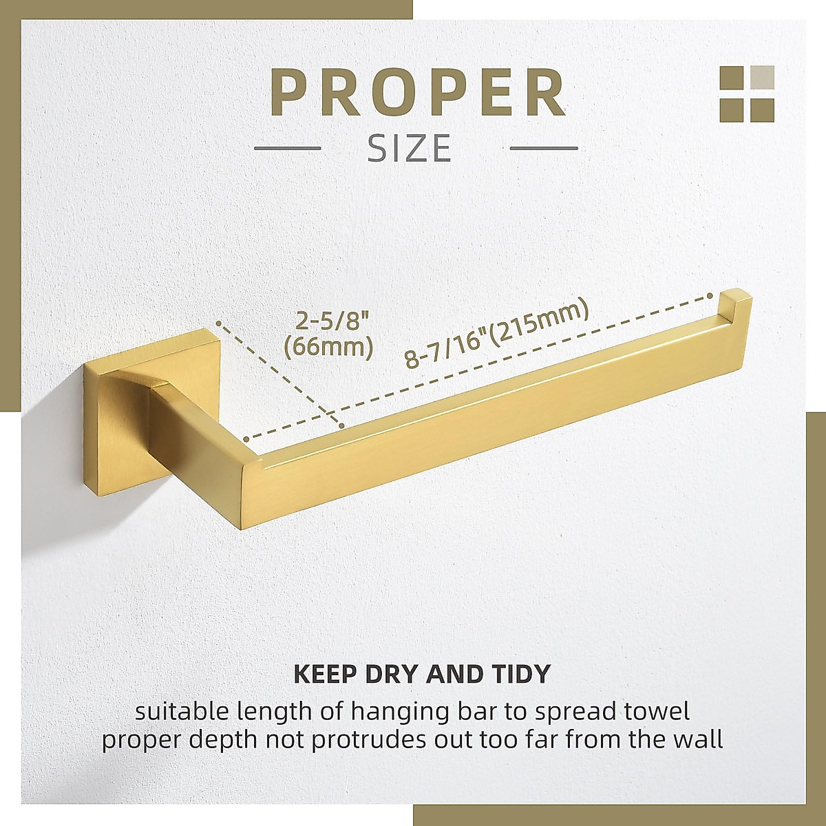 Angle Simple Hand Towel Holder, SUS 304 Stainless Steel Bathroom Towel Hanger Rack for Wall, Brushed Gold, 10.24 Inches