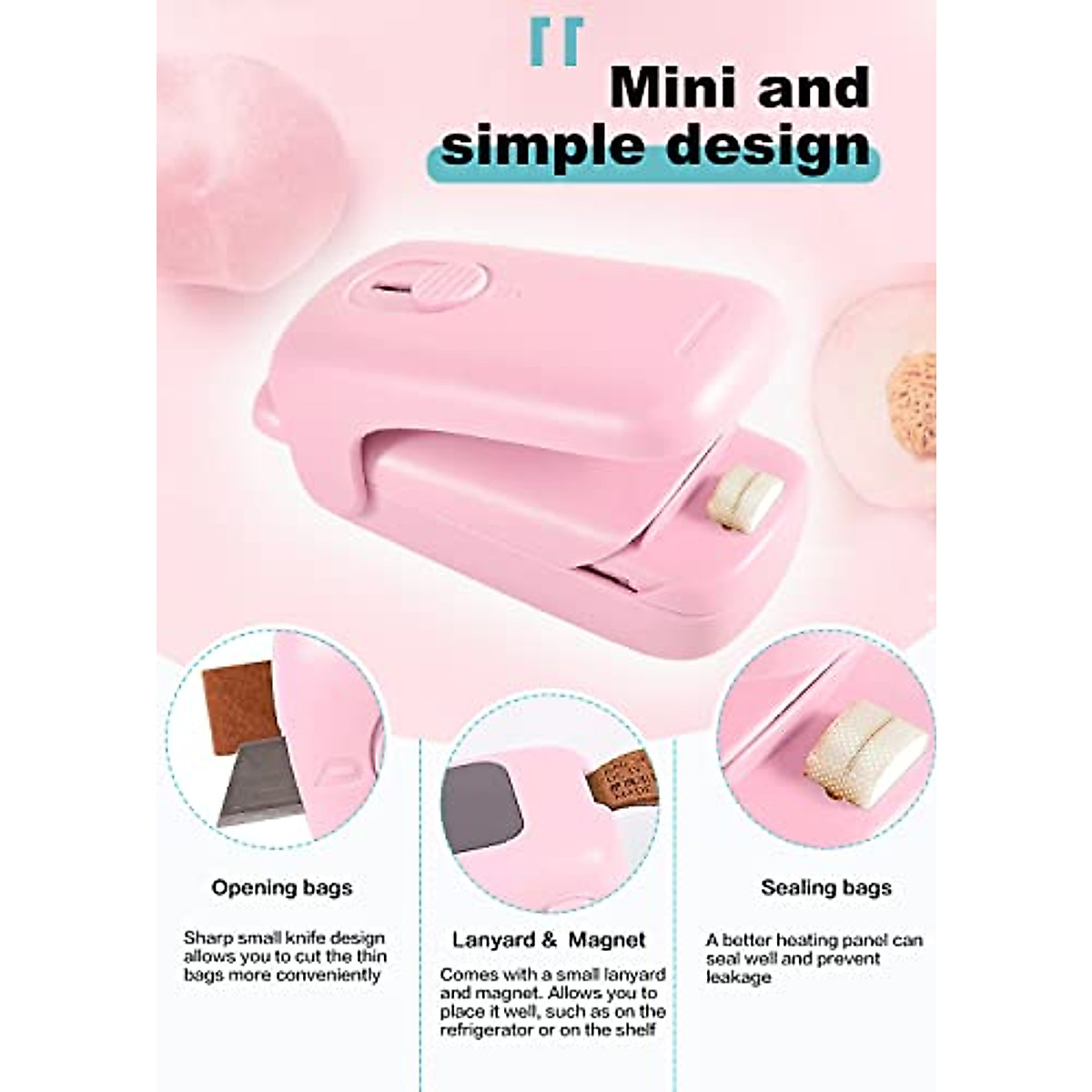 NOBVEQ Mini Bag Sealer, Handheld Heat Vacuum Sealer, Cutter with Lanyard and 2 in 1 Heat Sealer , Portable Bag Resealer Machine for Plastic Bags Food Storage Snacks Freshness(Batteries Included)-PINK