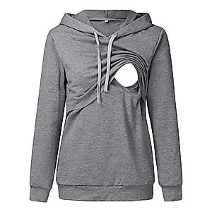 Women Nursing/Maternity Hoodies Sweatshirts Winter Breastfeeding Pullover Pregnancy Layered Long Sleeve Tuncis T Shirt Blouse (Gray, M)