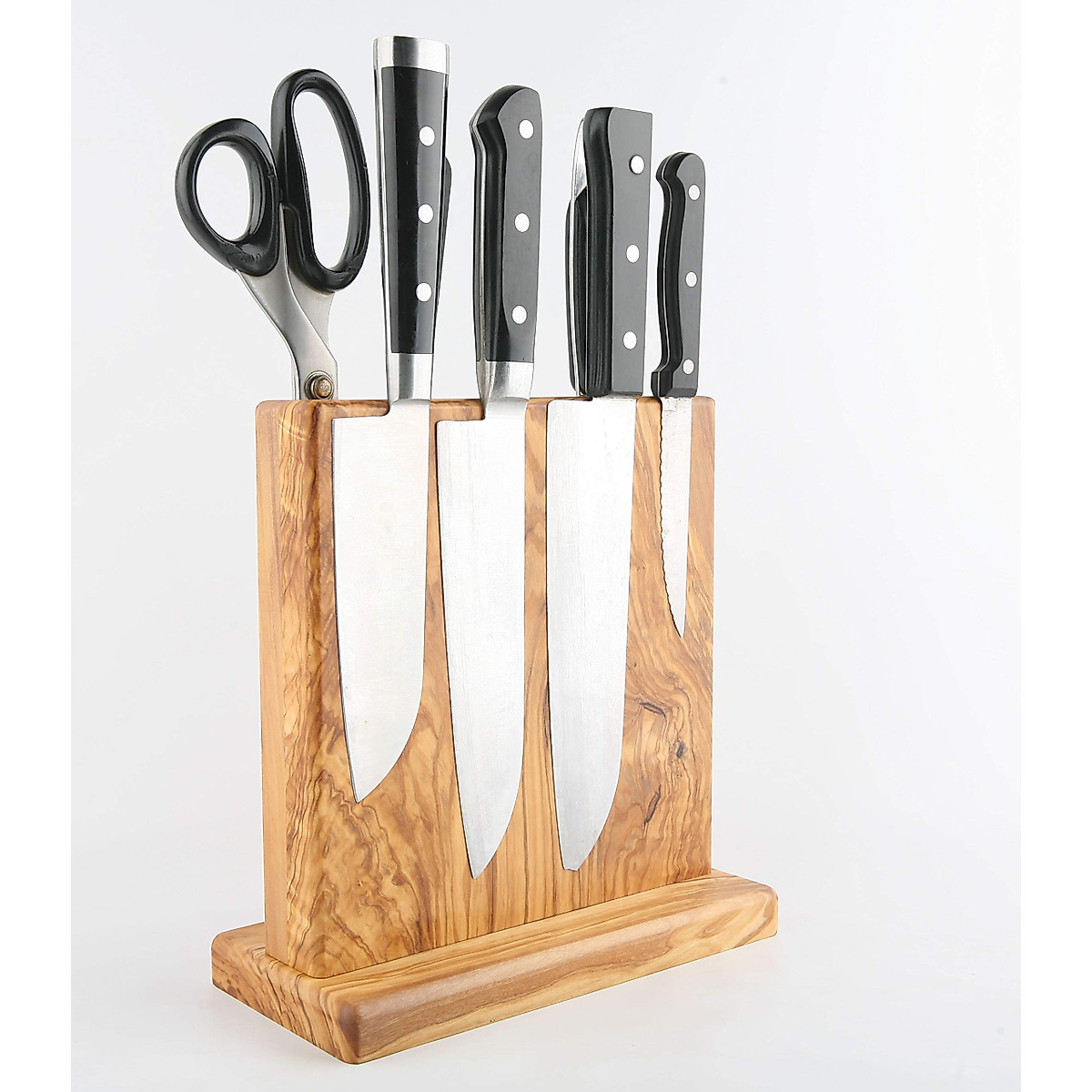 BOUMBI Beautiful Grain Wood Magnetic Knife Block with Strong Magnets, Double Side Cutlery Display Stand and Storage Rack (Olive Wood)