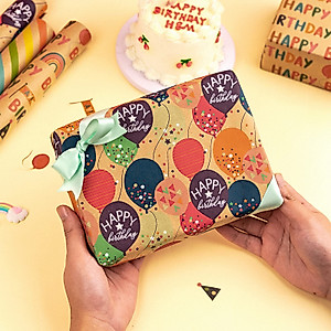 MAYPLUSS Kraft Birthday Wrapping, Gift Wrapping Paper, Colorful Balloon,Diagonal Stripes Happy Birthday Gift Wrap for Kids Boys Party, Baby Shower (Mini Roll, 17" x 120" Per roll, Total of 3 Rolls)