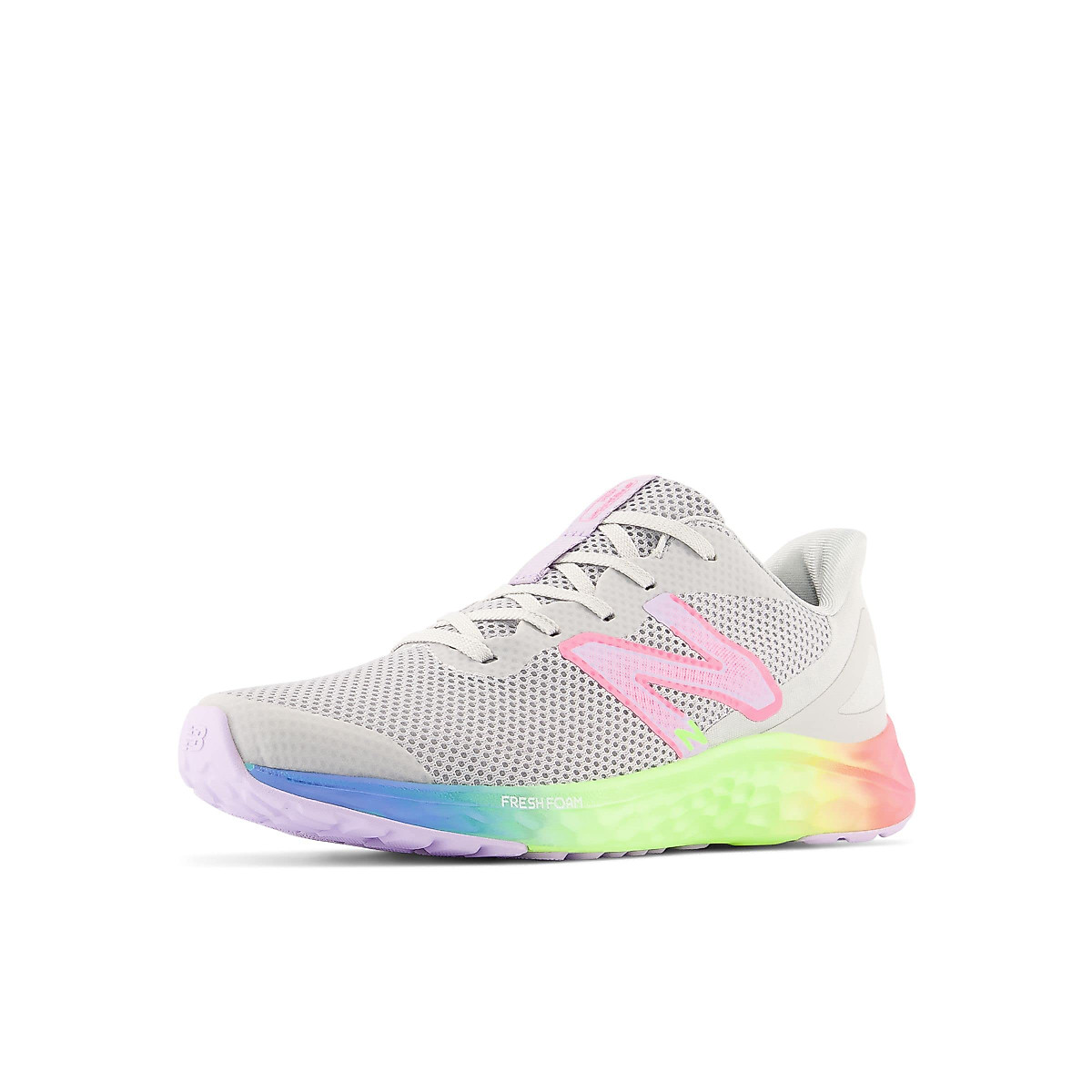 New Balance KIds Arishi Fresh Foam v4 Sneaker, LIGHT ALUMINUM/CYBER LILAC/NEON PINK, 5 M Big Kid (8-12 Years)