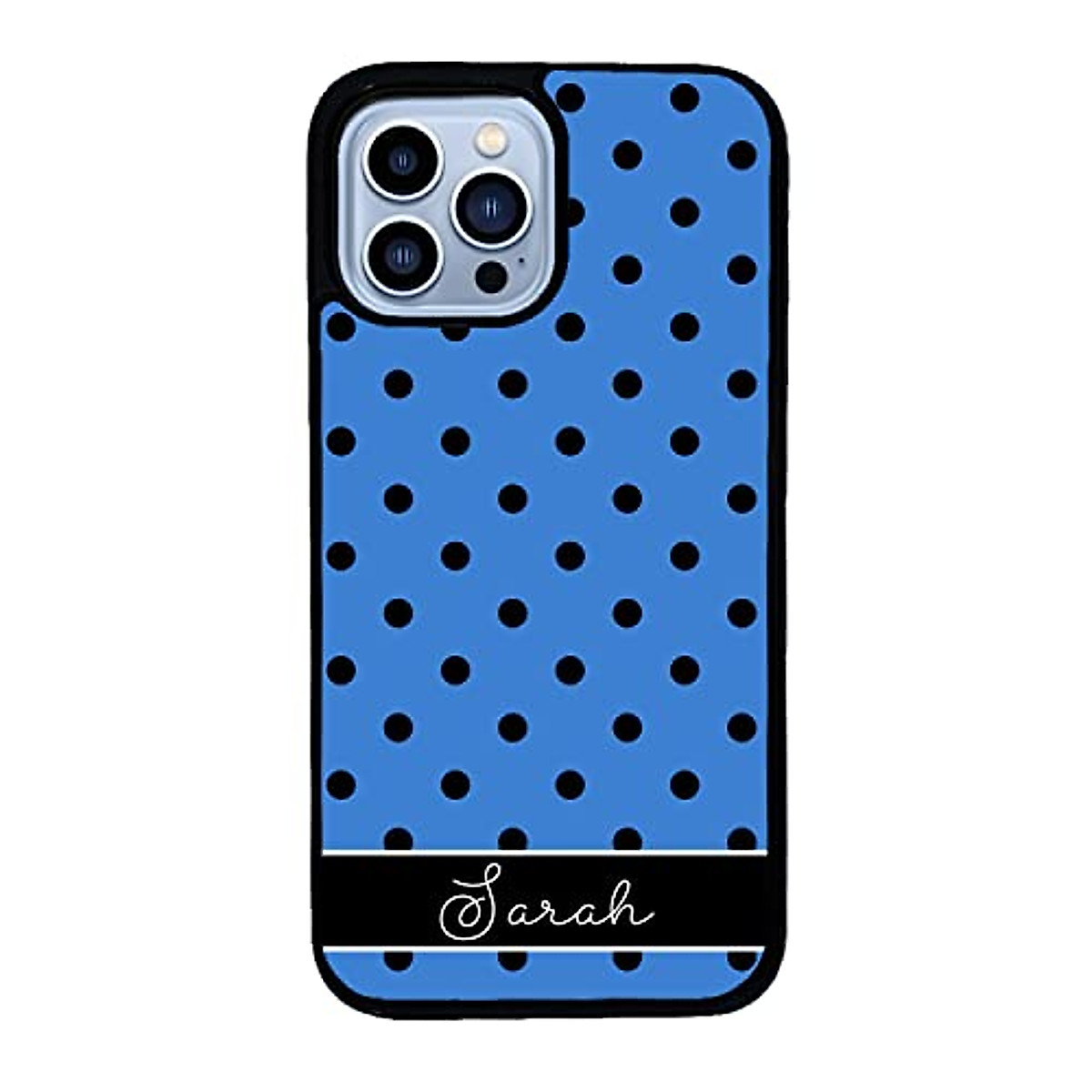 Blue Black and White Polka Dot Personalized Apple iPhone Black Rubber Phone Case Compatible with iPhone 14 Pro Max, Pro, Max, iPhone 13 Pro Max Mini, 12 Pro Max Mini, 11 Pro Max X XS Max XR 8 7 Plus