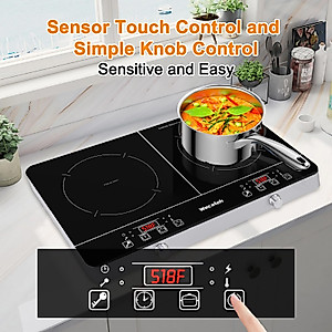 Portable Induction Cooktop 1800W Double Induction Cooktop Stove Hot Plates,2 Independent Touch Control with 2 Knobs,9 Power & 10 Temp Levels,Child Safety Lock,Timer