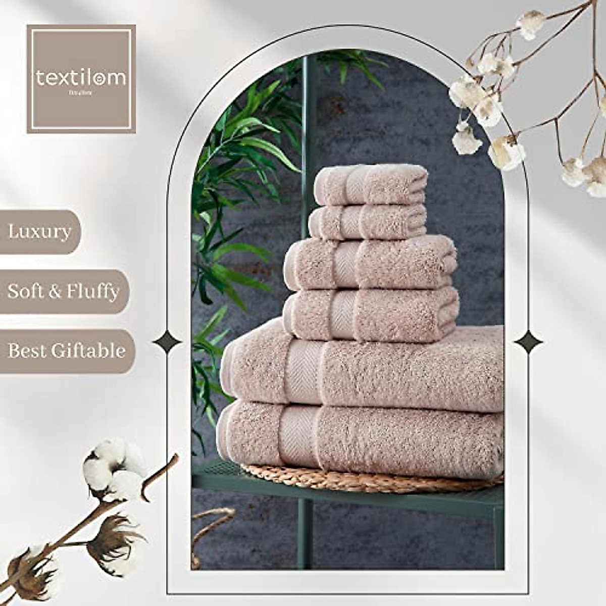 TEXTILOM 100% Turkish Cotton 6 Pcs Bath Towel Set, Luxury Bath Towels for Bathroom, Soft & Absorbent Bathroom Towels Set (2 Bath Towels, 2 Hand Towels, 2 Washcloths)- Beige