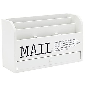 Juvale White Mail Organizer for Desktop, Wooden Mail Sorter Storage Box for Countertop, Home Office, Farmhouse-Style 3-Tier Holder with Drawer for Files, Bills and Letters (11 In)