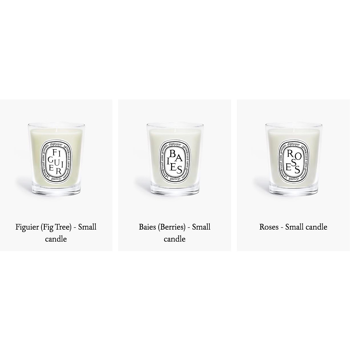 DIPTYQUE Baies Roses & Figuier Scented Candle 3 Piece Set 70 Grams Each Gift Boxed, White