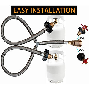 Upgraded Stainless Braided Y-Splitter Dual Propane Tank Connection Hose Kit,Two Way POL & QCC1 Regulator Exit Adapter to Connect 5-100lbs Cylinder Tank for Heater Grill BBQ and Other Propane Equipment