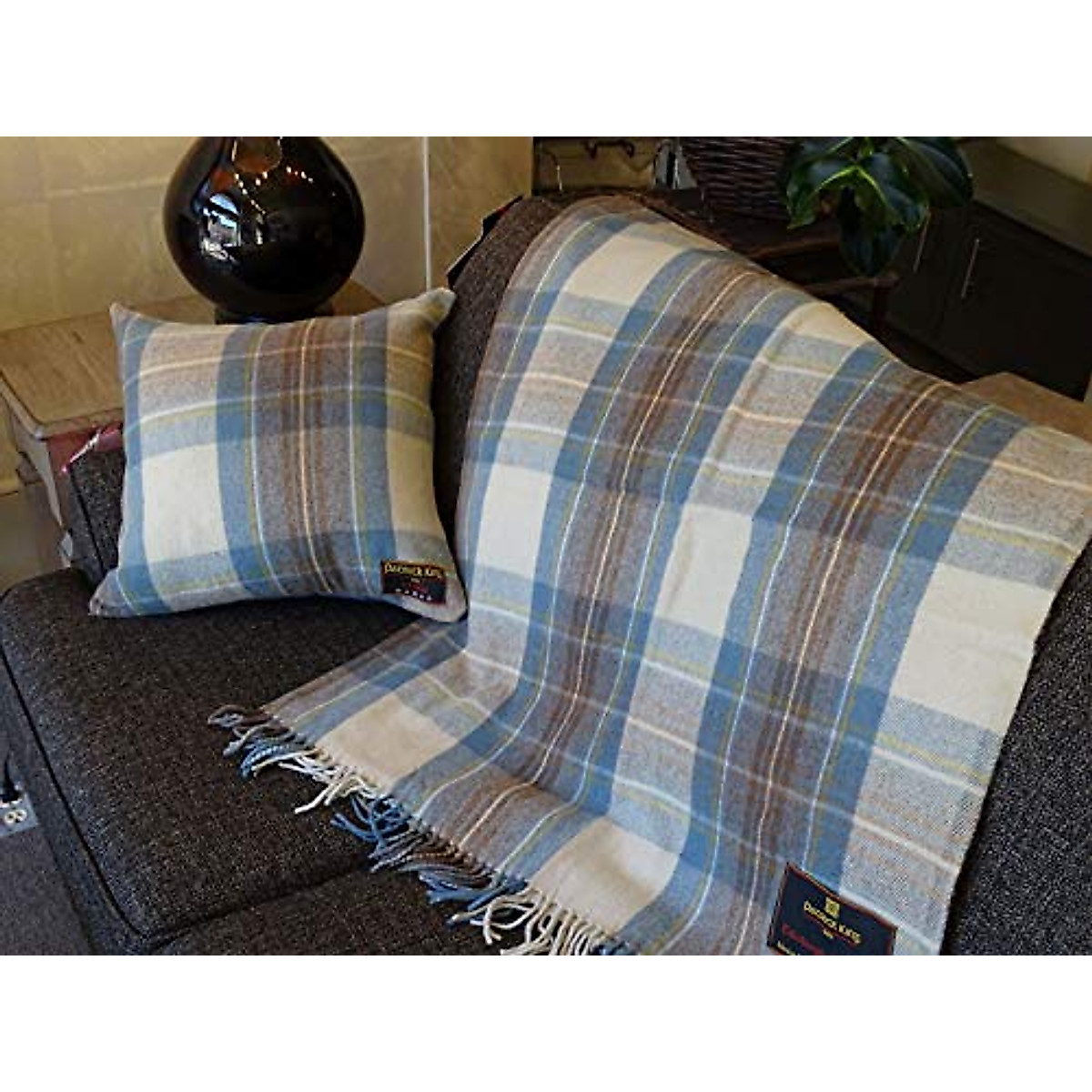 Patrick King Woollen Company Merino Wool Tartan Throw Blanket 69" x 62" Stewart Muted Blue Fringed Plaid Blanket for Home Decor, Camping & Everyday Use | Warm Thick Durable Sustainable Wool Throw