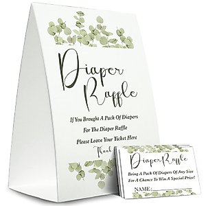 Diaper Raffle Sign,Diaper Raffle Baby Shower Game Kit (1 Standing Sign + 50 Guessing Cards),Greenery Insert Ticket,Baby Showers Decorations,Card for Baby Shower Game to Bring a Pack of Diapers-XN04