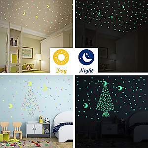 DTLIFEK 300PCS Glow in The Dark Stars Wall Decals Luminous Moon Stickers for Ceiling 3D Fluorescent Plastic Self Adhesive Starry Sky Glowing Stars and Moon Wall Art Decor for Kids Baby Bedroom Room