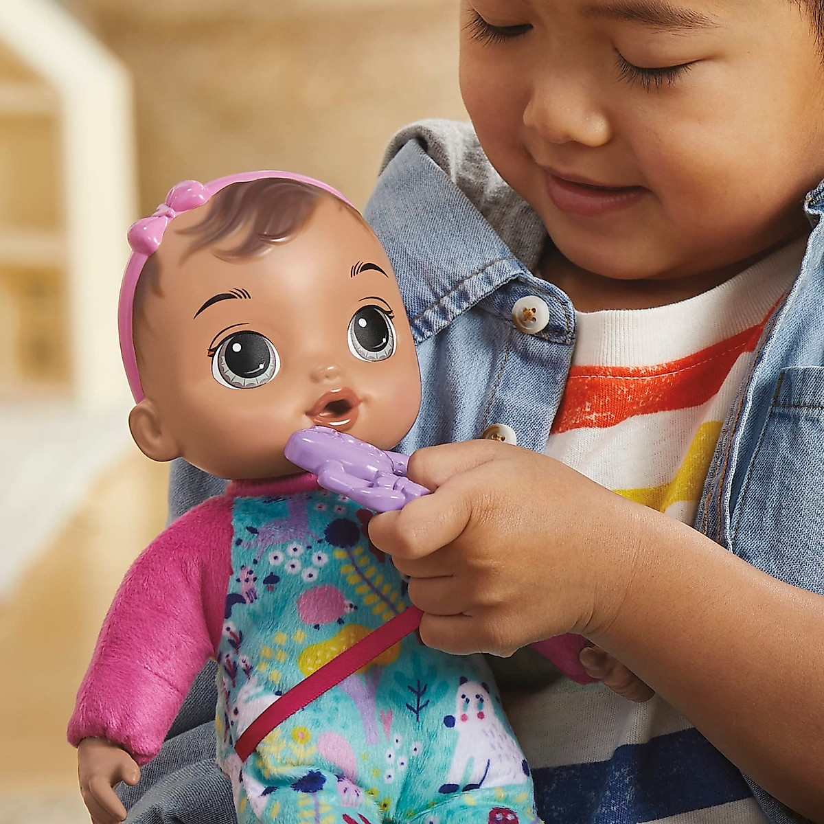 Baby Alive Soft ‘n Cute Doll, Brown Hair, 11-Inch, Washable, 18 Months and Up, Teether Accessory