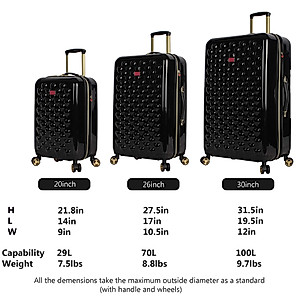 Betsey Johnson Luggage Hardside 3 Piece Set Suitcase With Spinner Wheels (20" 26" 30") (One Size, Heart to Heart Black)