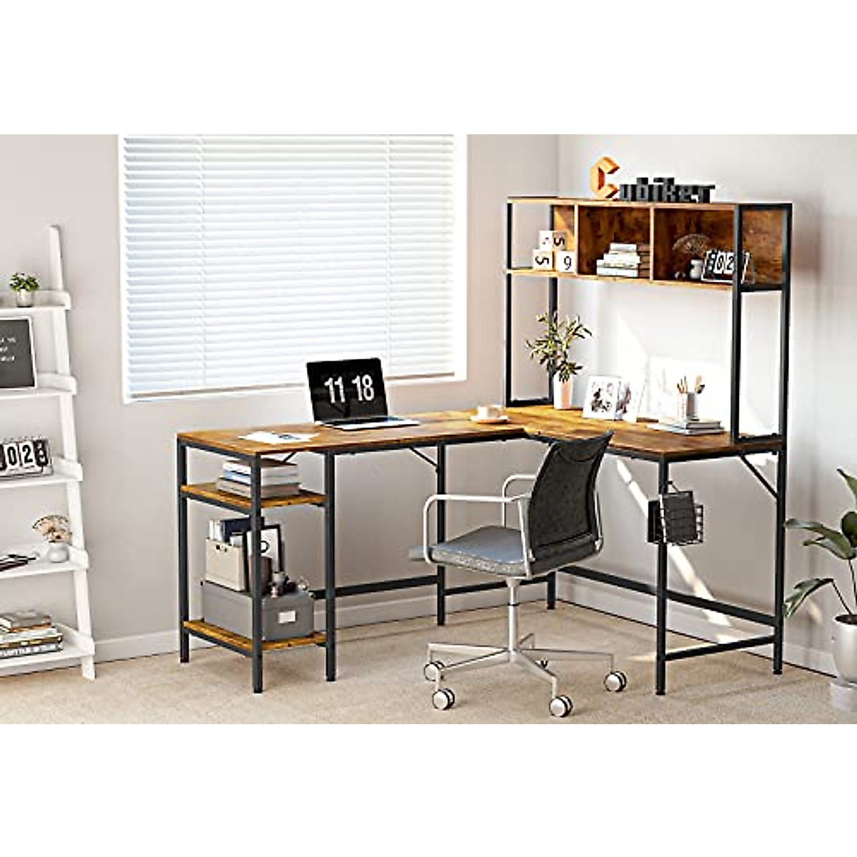 Cubiker L-Shaped Desk with Hutch, 60" Corner Computer Desk, Home Office Gaming Table with Storage Shelves, Space-Saving, Rustic Brown