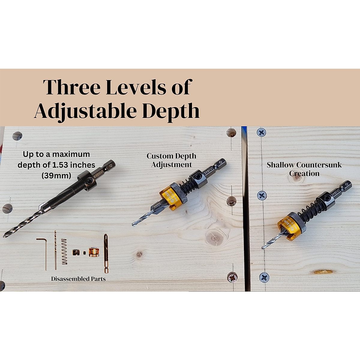 Adjustable Depth Countersink Drill Bit_Self-Adjusting Depth Control Without Wrench, Preventing Scratches Or Marks by Stopper Mounted Bearing, Tungsten Carbide Tipped Counterbore_5/32"x25/64" (4x10mm)