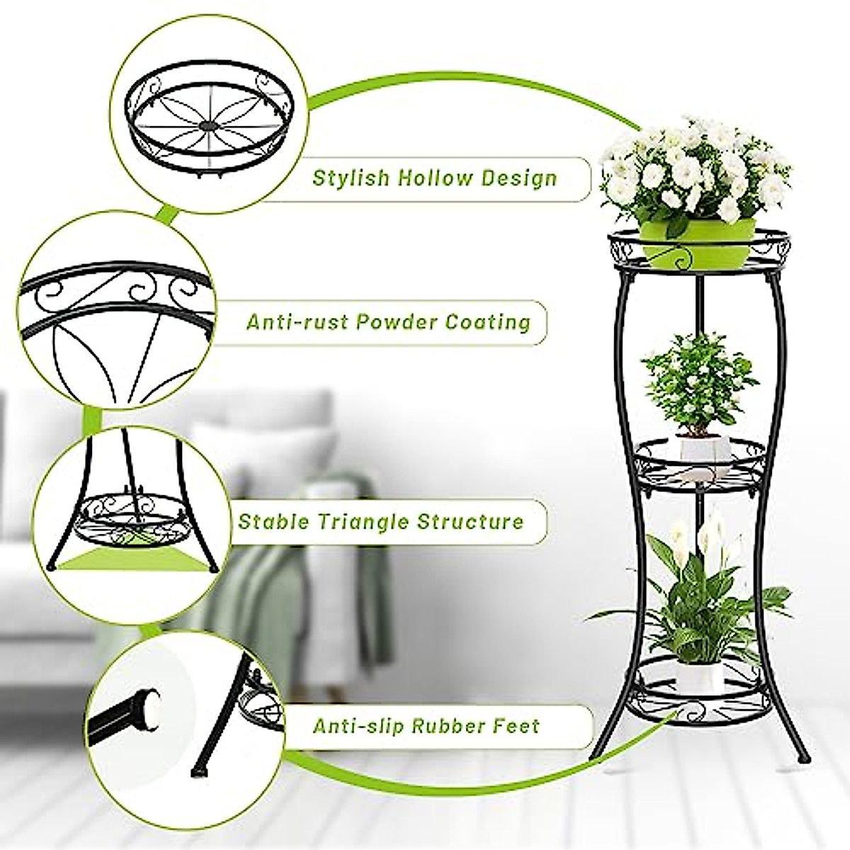 KMOTASUO 3 Tier Tall Metal Plant Stand, 35 Inch Plant Stands Indoor Outdoor, Rustproof Iron Flower Pot Stand Holder Display Rack for Corner Patio Garden Balcony Living Room(Black)