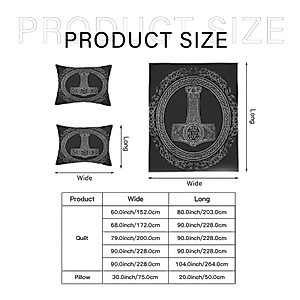 Bedding Sheet Bed Sets, Thor's Hammer Mjolnir Viking Runes Norse Mythology Soft 3-Pieces Duvet Cover Set Comfy 1 Comforter Cover & 2 Pillowcases for All Season Full(79"×90")