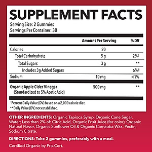 Organic Apple Cider Vinegar Gummies | ACV Gummies to Support Digestive Health and Gut Flora for Digestion | Natural Apple Flavor | 60 Organic, Vegan, and Non-GMO Apple Cider Vinegar Gummies