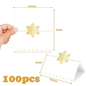 Whaline 100Pcs Christmas Place Cards 3.5 x 2 Inch Gold Snowflake Blank Tented Cards Seating Name Cards for Xmas Winter Party Table Setting Supplies