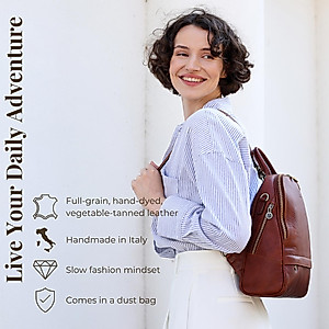 Time Resistance Leather Backpack Convertible to Shoulder Bag Full Grain Real Leather Travel Versatile Bag (Cognac)