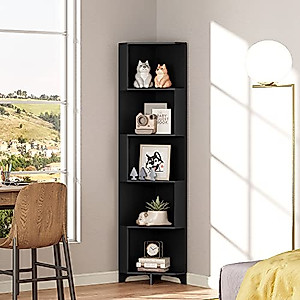 Function Home 5-Tier Corner Shelves, Multifunctional Corner Bookshelf, Wood Display Stand Shelf for Home Office, Living Room,Bedroom, Black