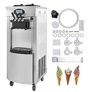 VEVOR 2200W Commercial Soft Ice Cream Machine 3 Flavors 5.3 to 7.4Gallon per Hour PreCooling at Night Auto Clean LCD Panel for Restaurants Snack Bar, Sliver