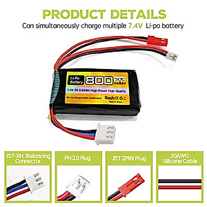 sea jump 7.4V LiPo 2S 50C 800mAh with JST and PH2.0 Plug with USB Charging Cable for SCX24 RC Car Battery, Bompatible with Most 1/10, 1/16, 1/18, 1/24 Scale RC car, Truck and RC Drone Batteries
