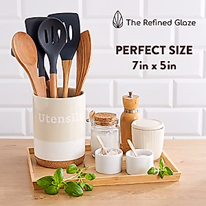 The Refined Glaze Farmhouse Utensil Holder for Countertop - Ceramic Farmhouse Utensil Holder (7in x 5in) - Large Elegant Kitchen Storage Organizer for Spatulas and Spoons (Beige and White)