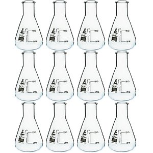 EISCO 12PK Erlenmeyer Flasks, 50mL - Borosilicate Glass - Narrow Neck Flasks, Conical Flasks, Glass Flasks