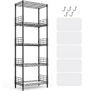 LINSY HOME Upgrade 5-Tier Storage Shelves, Height Adjustable Pantry Shelves with 5 Hooks & Shelf Liners, Metal Shelves for Storage, Storage Shelf Heavy Duty for Living Room, Kitchen, Bathroom