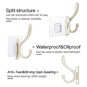 Coat Hook 8 Pack Split Design Heavy Duty Transparent Reusable Seamless Wall Mounted Double Removable Hooks for Coat,Scarf,Bag,Towel,Key,Cap,Cup,Hat(Beige)