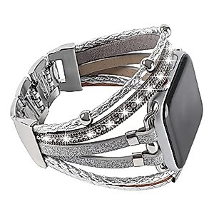 WONMILLE Posh Leather Bands Compatible With Apple Watch 41mm 40mm 38mm Women, Boho Bracelets Jewelry Multilayer Wrap Strap for iwatch Series SE 8 7 6 5 4 3 2 1 (Glitter Silver, 38mm/40mm/41mm)