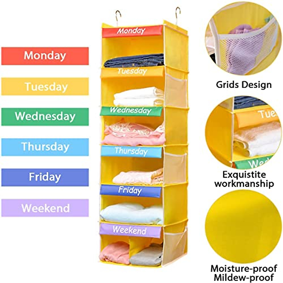 CLUQMEIK Kids Closet Organizers and Storage, Weekly Hanging Clothes Organizer, 6 Shelves with Side Mesh Pockets, 41.7"x12"x12", Yellow, Days of The Week Clothing System, Monday Through Friday