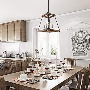 LALUZ Farmhouse Chandelier, Rustic Square 4 Light Fixture with Faux Wood Finish for Foyer, Dining & Living Room, Bedroom and Kitchen Island