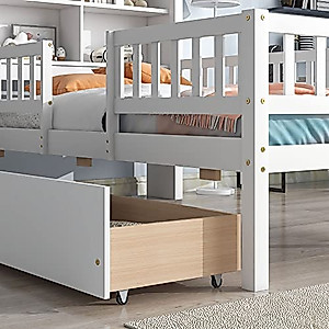 OPTOUGH Twin Size House-Shaped Storage Headboard Bed,Wooden Bedframe with Full Length Fence Guardrails and Drawers for Kids Teens,No Spring Box Needed,White