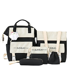 Tenbip 5Pcs Kawaii Backpack Cute Backpack Aesthetic Backpack Preppy Backpack Set Kawaii School Supplies with Accessories (Black)