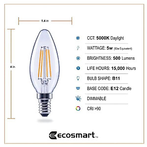 EcoSmart 60-Watt Equivalent B11 Dimmable Energy Star Clear Filament Vintage Style LED Light Bulb Daylight (3-Pack)