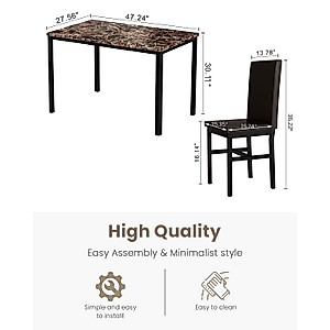 Recaceik Dining Table Set for 4, Kitchen Table and Chairs Set with Faux Marble Tabletop & 4 Leather Upholstered Chairs for Kitchen Dining Room, Compact Space, Dinette Set, Brown+Brown
