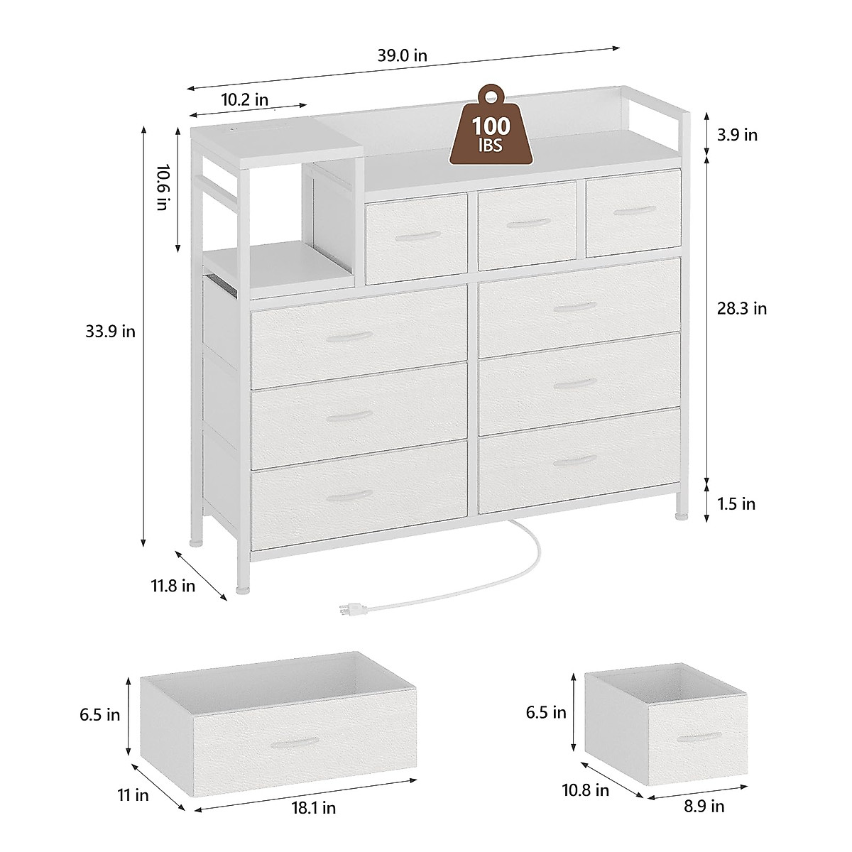 Jojoka TV Stand with Charging Station, Bedroom Dresser for Living Room TV Stand with 9 Drawers, White
