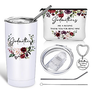 Sieral 3 Pcs Godmother Proposal Gifts Set Including 20 oz Godmother Tumbler and Godmother Makeup Bag Keychain for Mother's Day Holiday Appreciation Gifts(Wine Red Flowers)