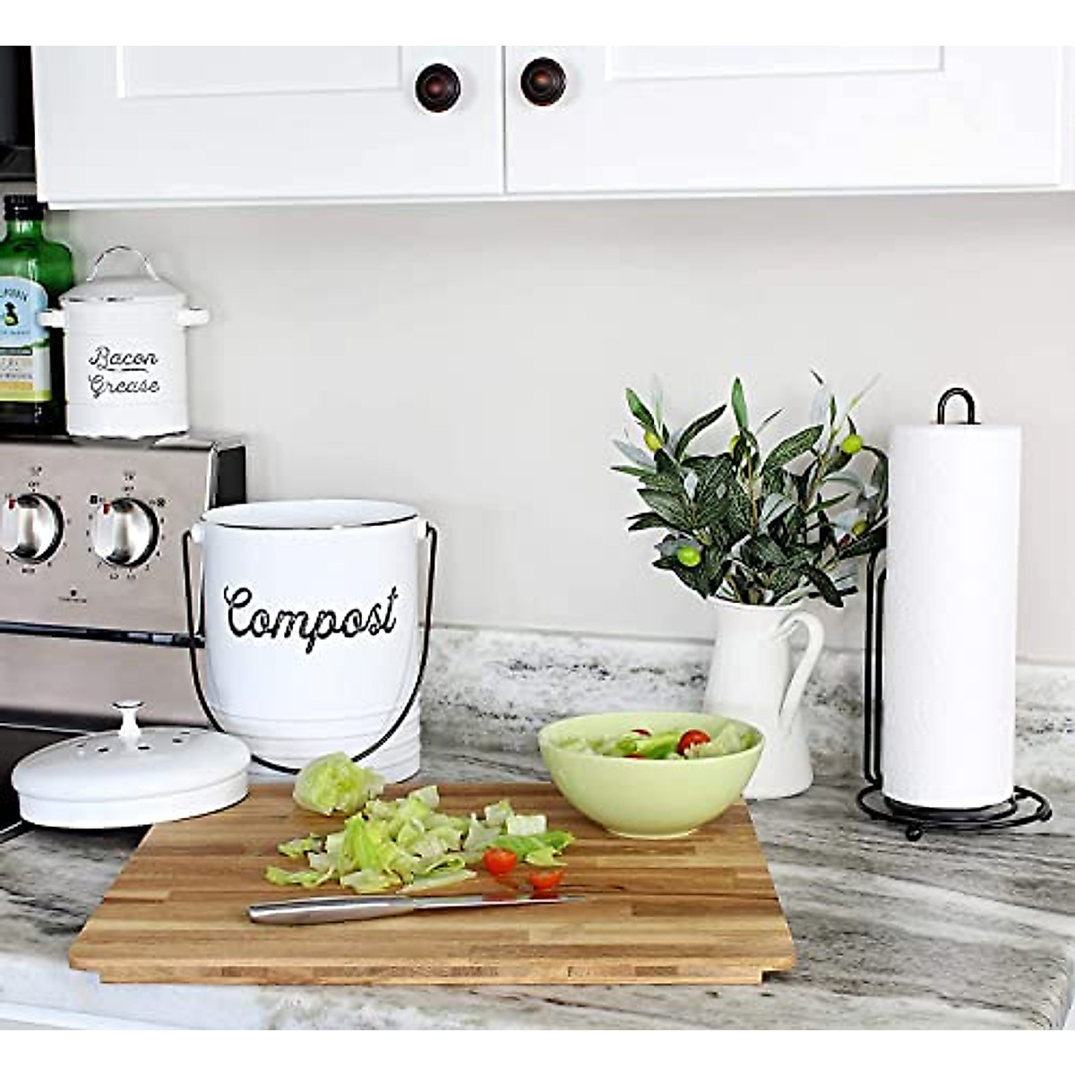 AuldHome White Enamelware Compost Bin, Farmhouse Compost Can Set with Lid and Charcoal Filters, 1.3 Gallon